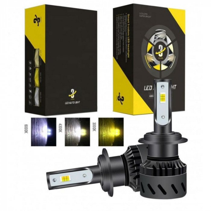 Set 2 Becuri LED Auto K9, 40W, 12000Lm, 3 Culori 3000k, 4300k si 8000k ...