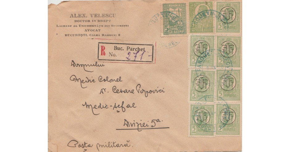 1920 Plic 6 timbre Ferdinand + PTTF circulat la Divizia V, stampila ...