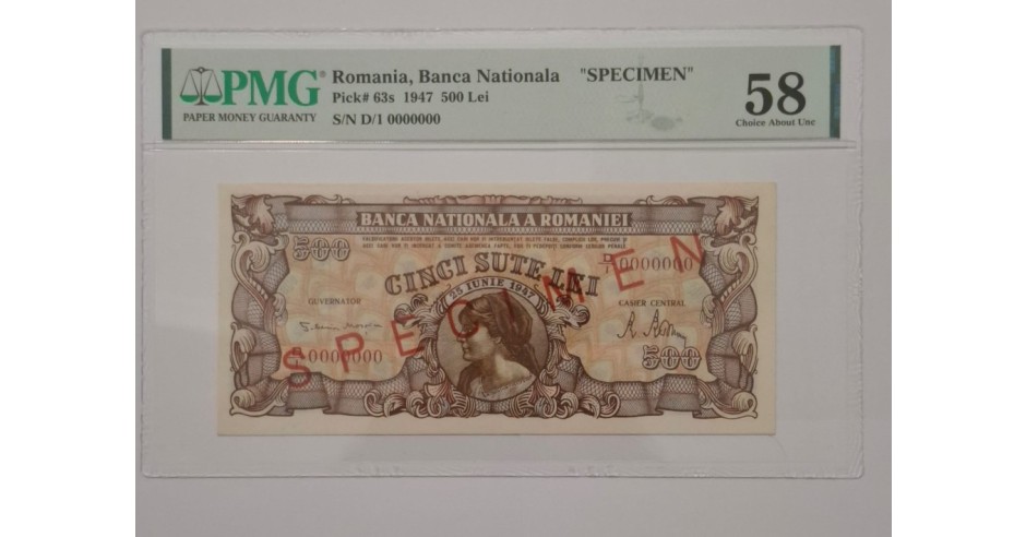 Bancnota Romania 500 lei 1947 Cosasul Specimen aUNC, gradata PMG 58 ...