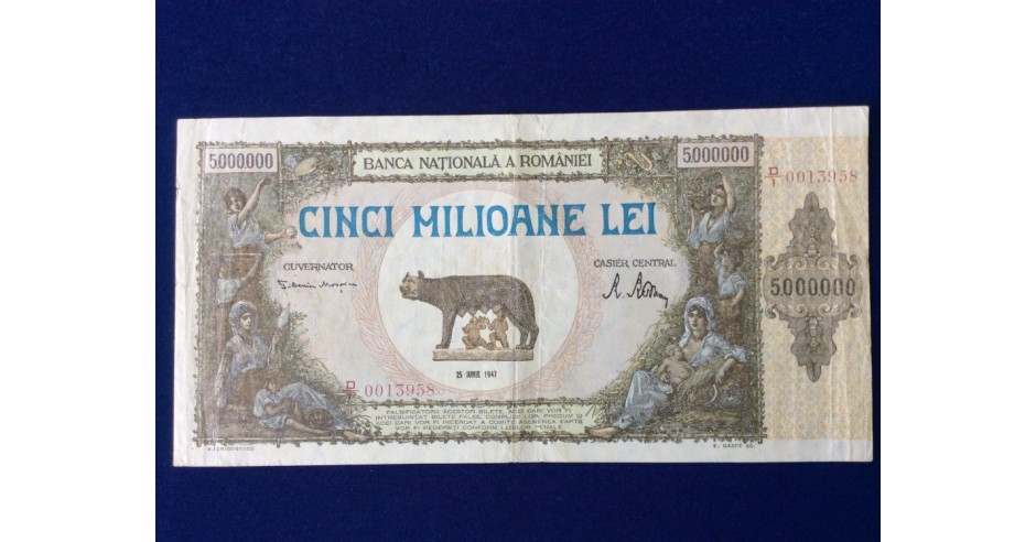 Bancnote Romania - 5000000 lei 1947 - seria O.0013958 (starea care se ...