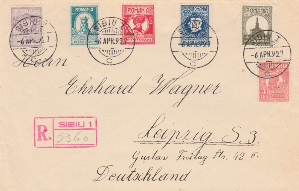 1927 Romania - Plic circulat cu seria completa Societatea Romana de ...