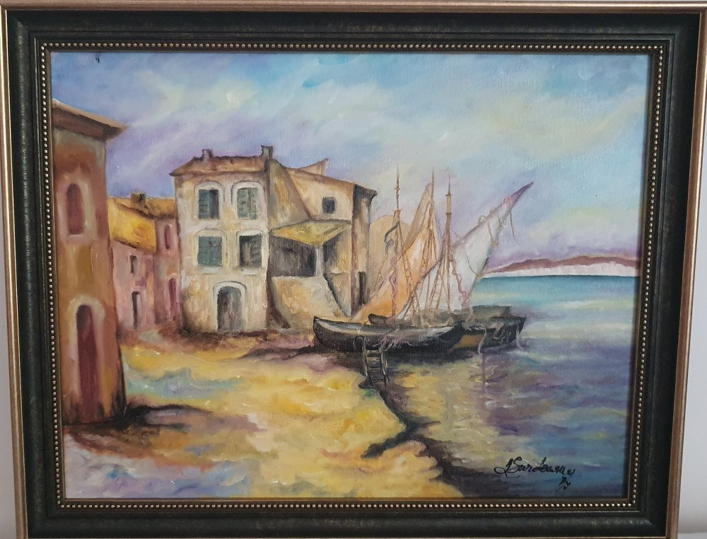 PICTURA, TABLOU modern, "Sat pescaresc in Italia ", nou, pictor roman ...