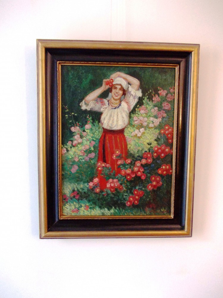 Virginia Tomescu Scrollo, "Tarancuta in gradina cu flori", ulei/carton ...