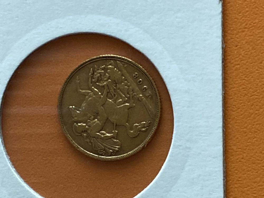 Moneda aur 1/2 sovereign Anglia 1908, regele Edwards VII | arhiva Okazii.ro