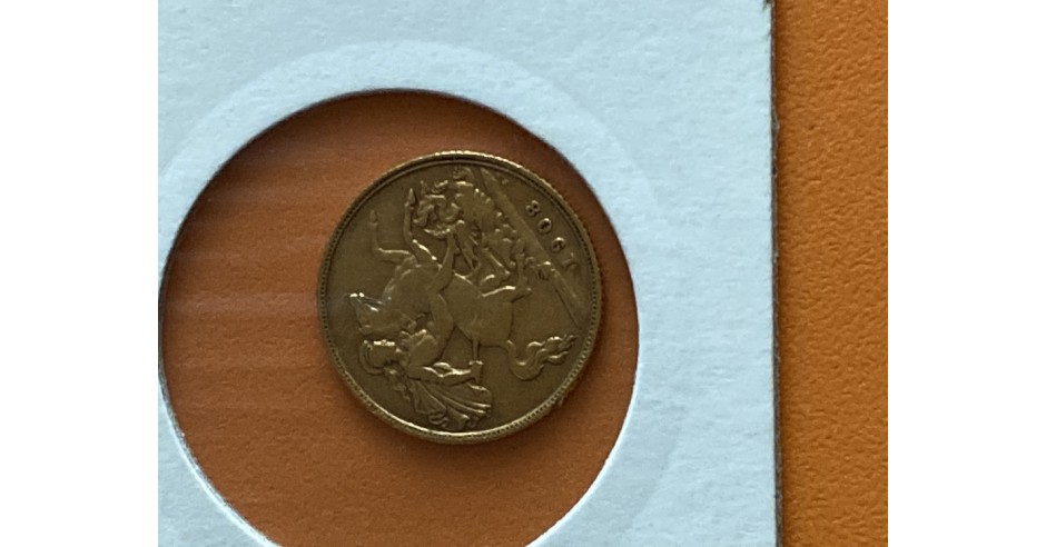 Moneda aur 1/2 sovereign Anglia 1908, regele Edwards VII | arhiva Okazii.ro