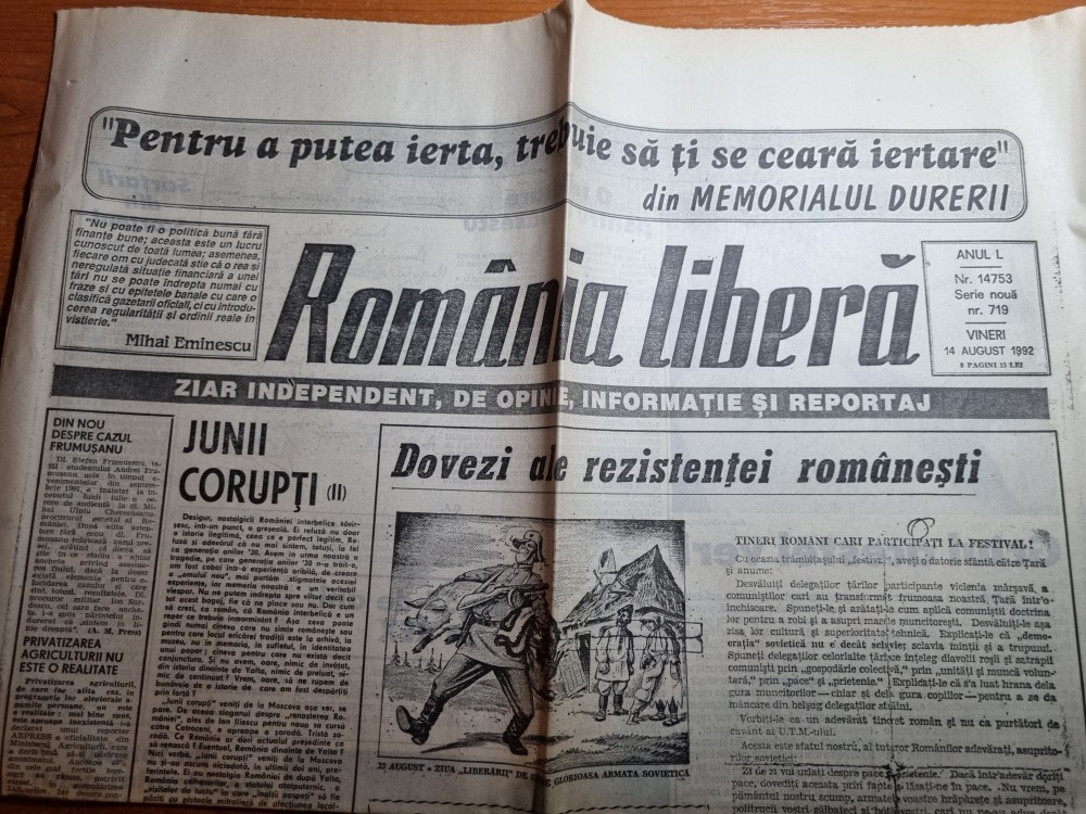 Romania libera 14 august 1992-art. generalul militaru,regele mihai ...