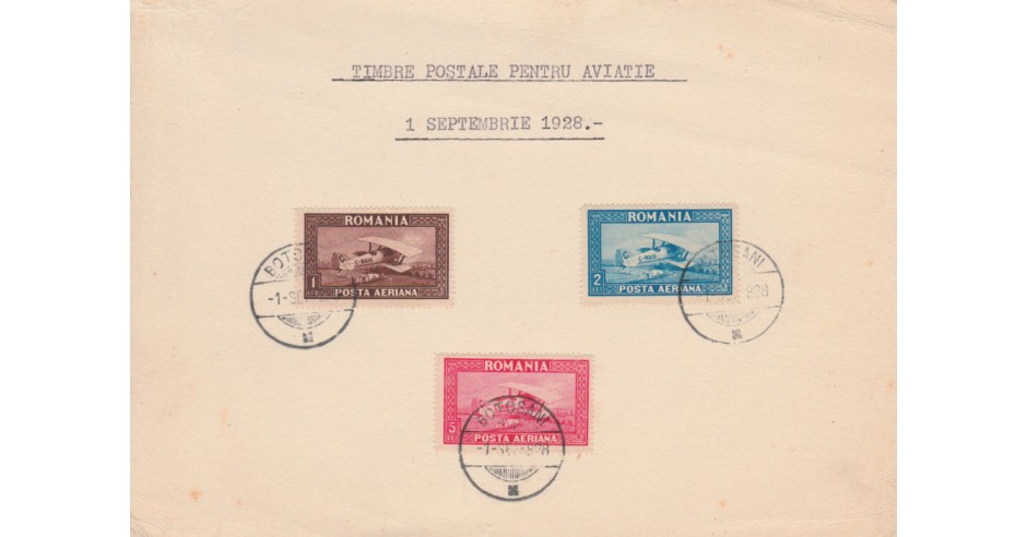 1928 Romania - Carton filatelic cu seria C. Raiu Posta Aeriana filigran ...