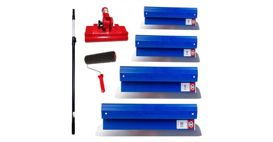 Set 4 gletiere profesionale, inox, 25, 40, 60, 80 cm, suport, maner ...