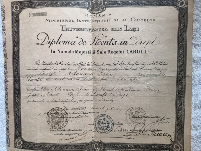 Diploma de licenta in drept ,anul 1913 | Okazii.ro