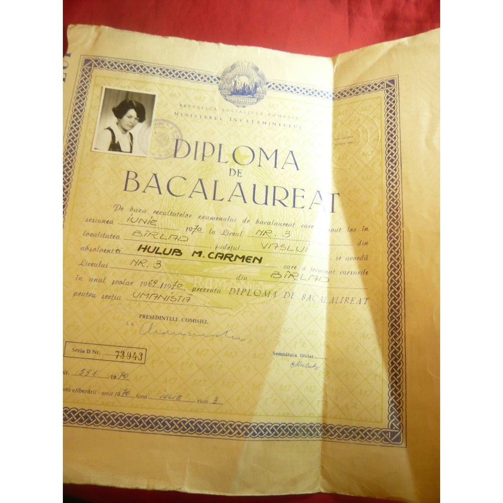 Diploma de Bacalaureat -Liceul 3 Barlad 1970 | Okazii.ro