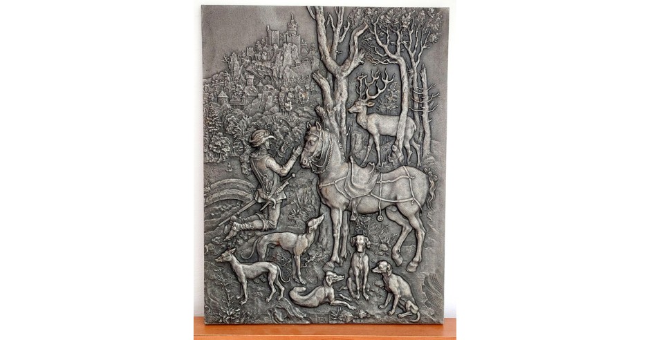 Bunul vanator Sf. Eustatiu - aplica din staniu dupa gravura de Durer ...