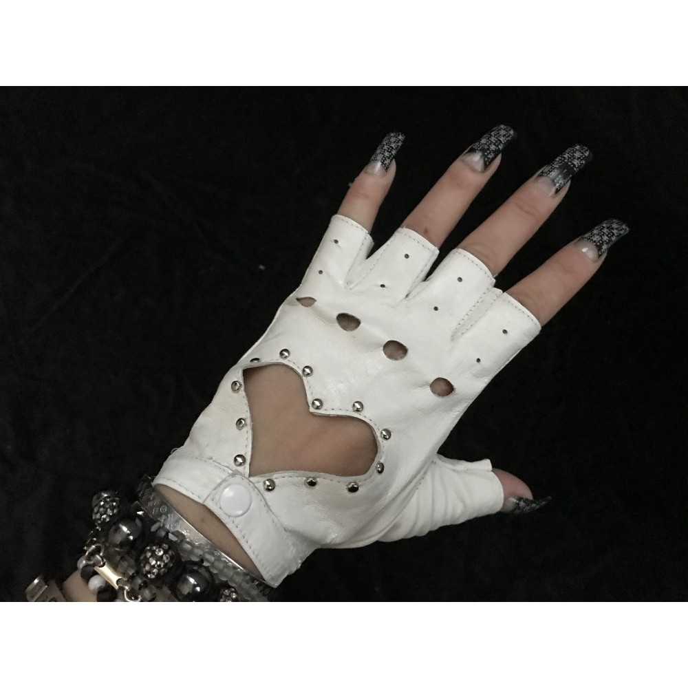 MANUSI ALBE DAMA PIELE NATURALA DEGETE TAIATE INIMA DECUPATA TINTE ...