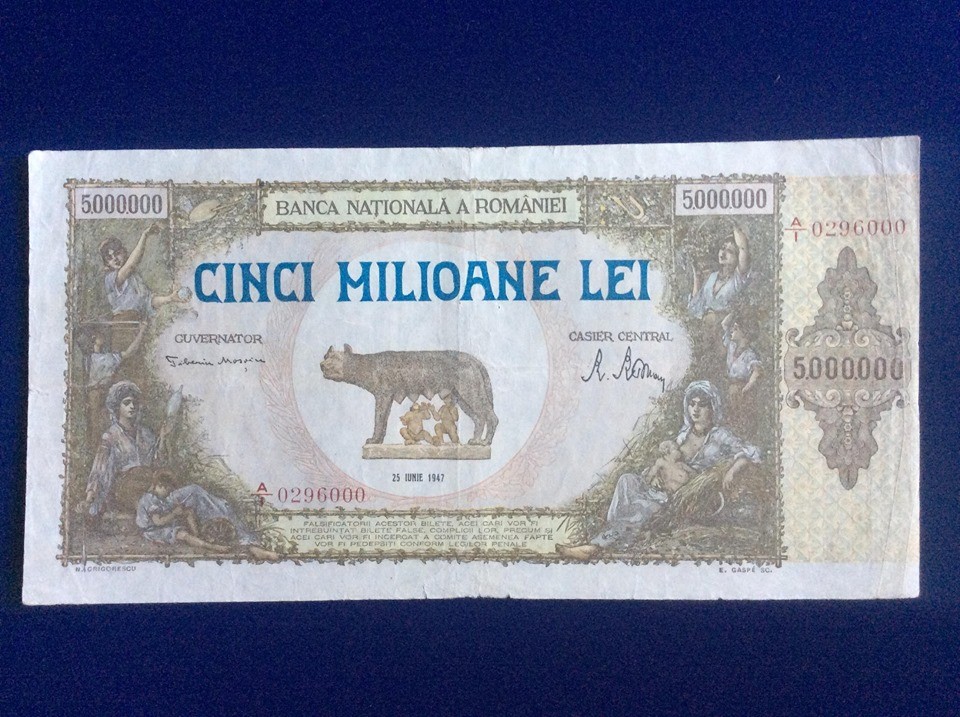 Bancnote Romania - 5000000 lei 1947 - seria A.0296000 (starea care se ...