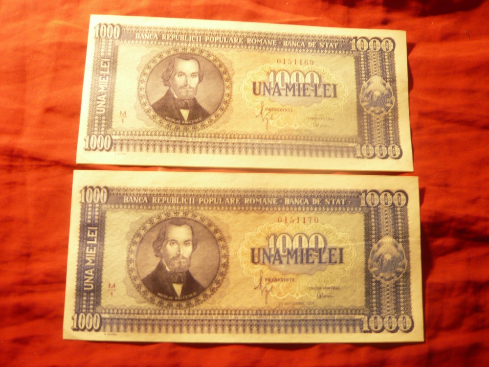 Set 2 Bancnote 1000 lei 20 sept. 1950 N.Balcescu RPR inseriate , cal ...