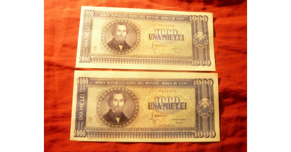 Set 2 Bancnote 1000 lei 20 sept. 1950 N.Balcescu RPR inseriate , cal ...