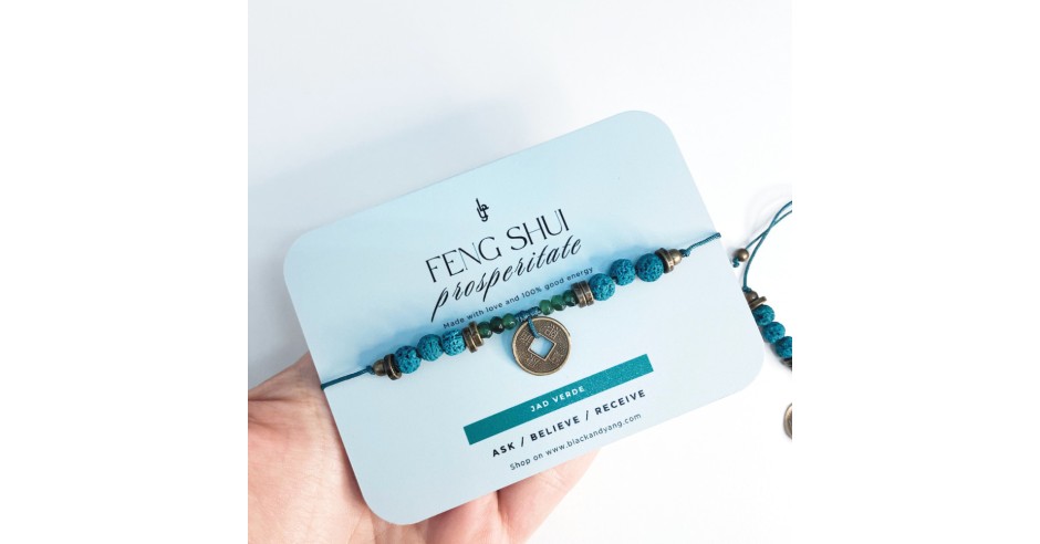 Bratara moneda chinezeasca Feng Shui cu cristale de jad verde si roca ...