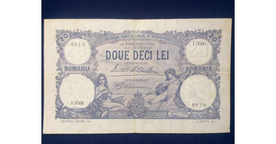 Bancnote Romania - 20 lei 1929 - seria I.9506 0848 (starea care se vede ...