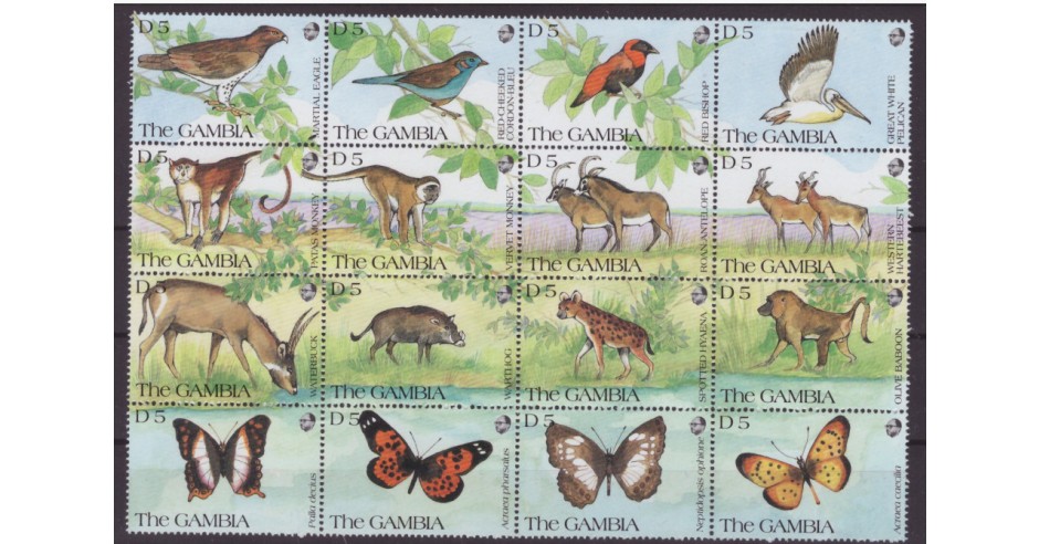 47-GAMBIA 1991-Animale-pasari-animale-fluturi-bloc cu16 timbre ...