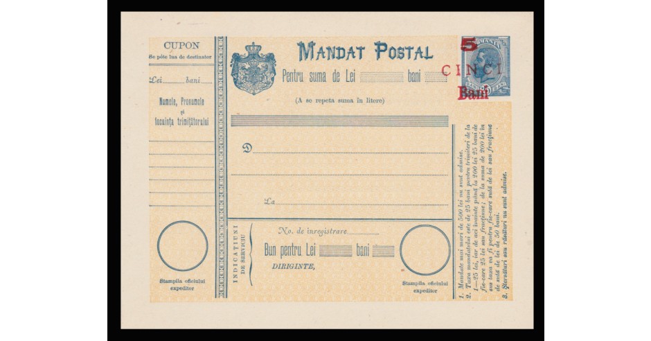 1901 Romania - Mandat postal 5b albastru cu supratipar 5b rosu, 1900 ...