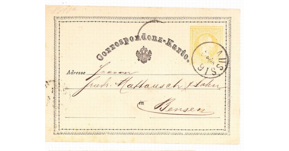 Austria 1875 Postal History Rare Postcard Corresp. 10a AUSSIG to BENSEN ...