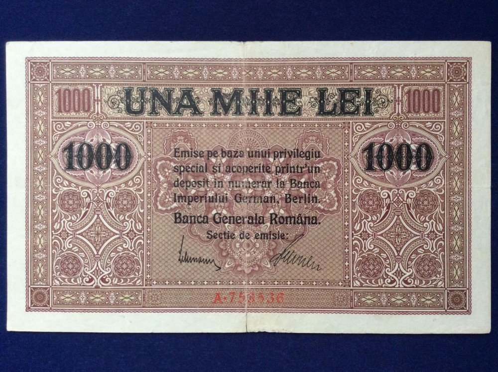 Bancnote Romania - 1000 lei 1917 - Banca Generala Romana (starea care ...