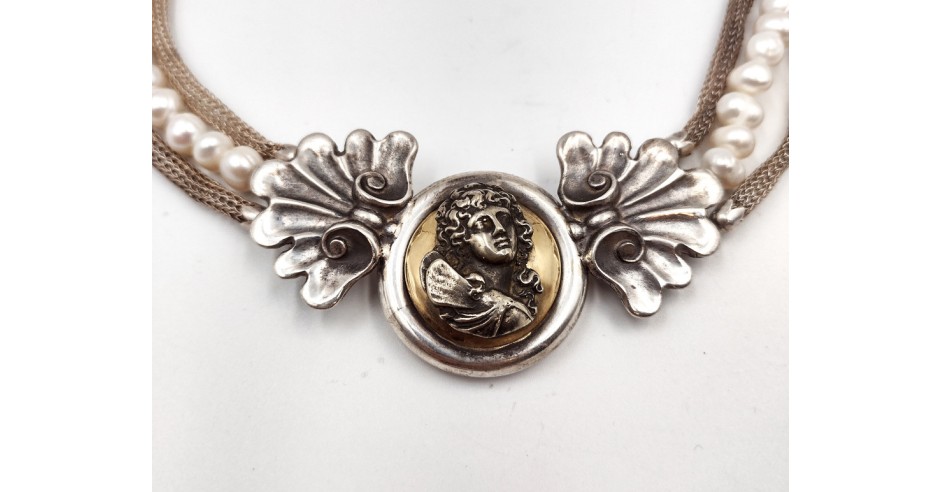 Spectaculos colier aur masiv 18K , argint masiv si perle naturale ...