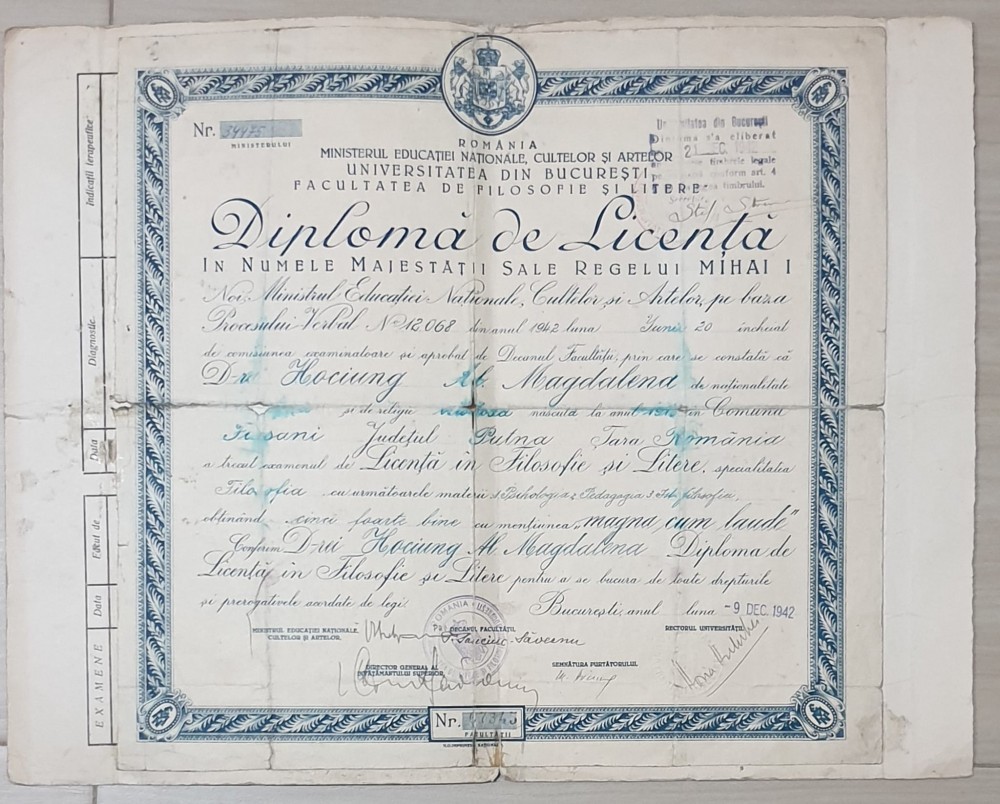 Diploma de licenta Facultatea de Filosofie si Litere Bucuresti 1942 ...