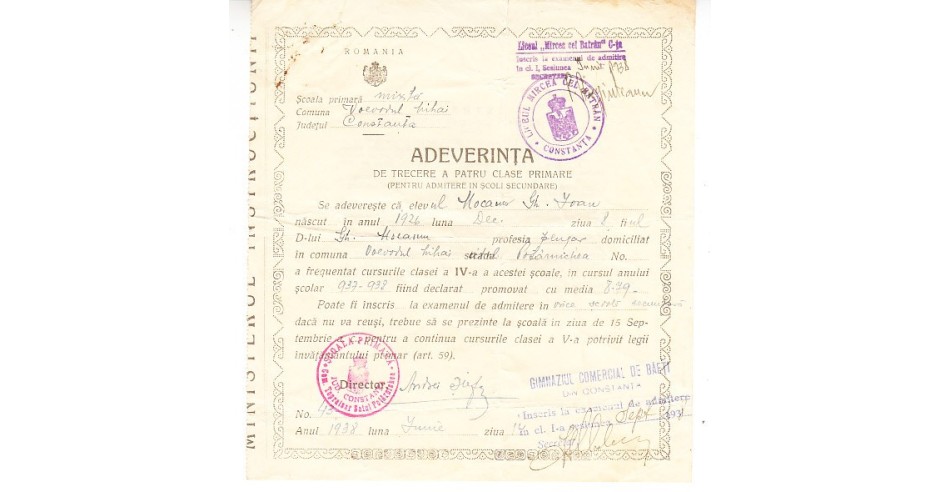M3 C18 - 1938 - Adeverinta de trecere a patru clase primare, Documente ...