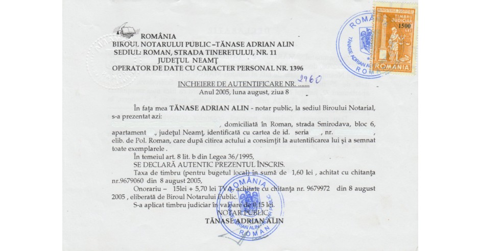 2005 Romania - Incheiere de autentificare cu timbru fiscal judiciar de ...