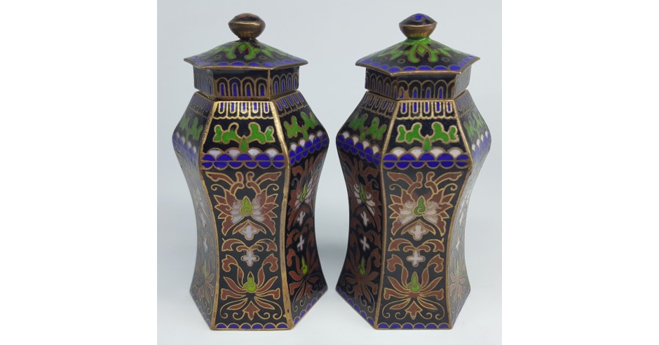 Set (RAR) vase foarte vechi, vintage bronz si email - CLOISONNE | Okazii.ro