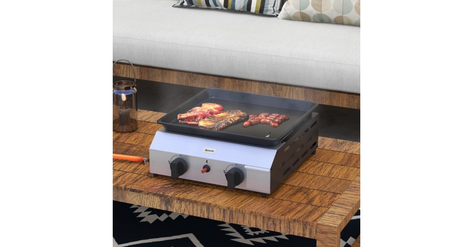 Outsunny Plan?a Gratar pe Gaz cu 2 Arzatoare din O?el Inoxidabil ...