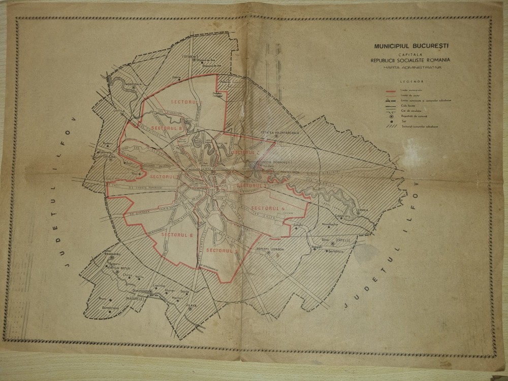 harta orasului bucuresti pe sectoare - din anii '60 - dimensiuni 60 / ...