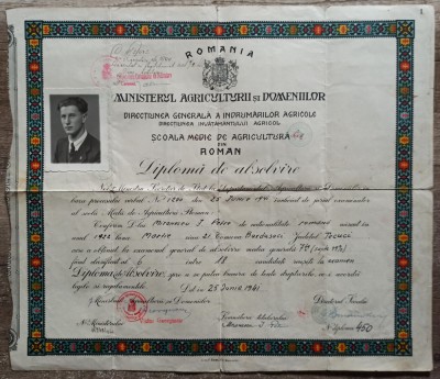 Diploma de absolvire Scoala Medie de Agricultura din Roman, 1941 ...