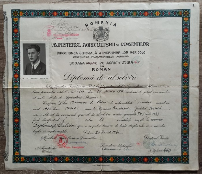 Diploma de absolvire Scoala Medie de Agricultura din Roman, 1941 ...