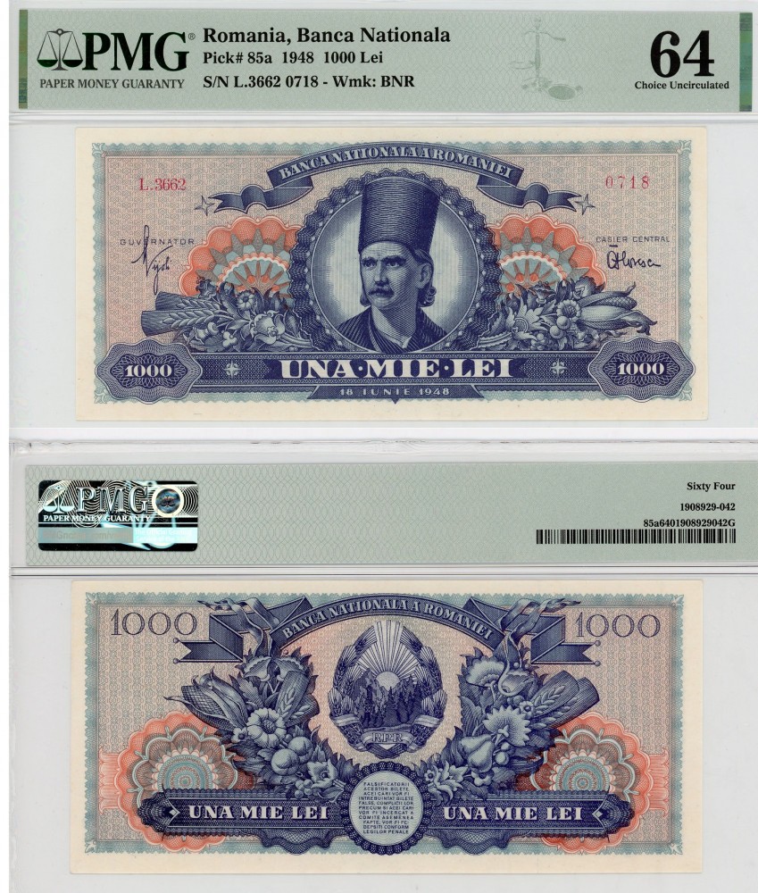 Bancnote Romania, bani vechi - 1000 lei 1948 -UNC Gradata | arhiva ...