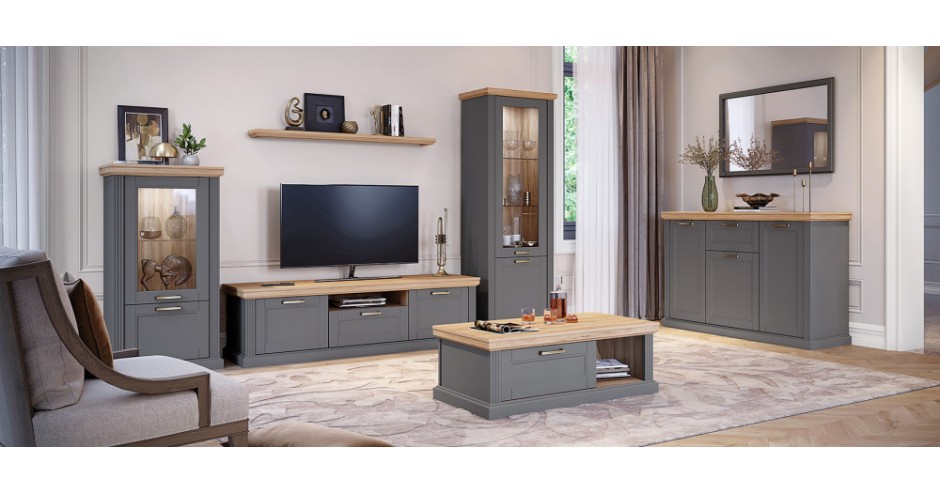 Set de mobila living din pal, cu LED inclus, 7 piese Tara Grafit / Nuc ...