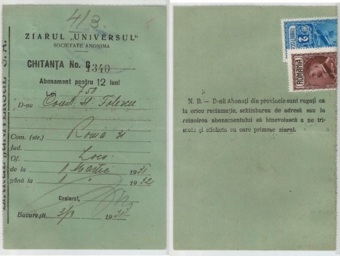 Romania, Ziarul Universul, Socitate Anonima, Chitanta, Bucuresti, 1931 ...