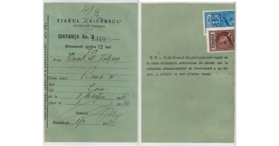 Romania, Ziarul Universul, Socitate Anonima, Chitanta, Bucuresti, 1931 ...