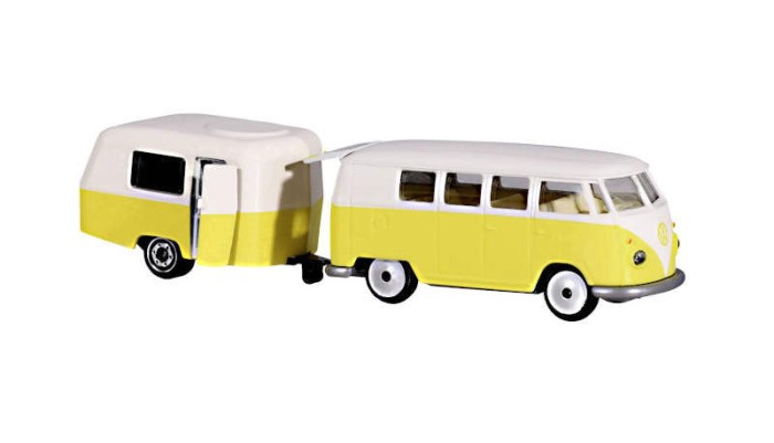 Majorette macheta Volkswagen T1 galben cu rulota, 1:64 | Okazii.ro