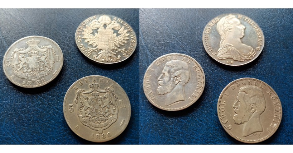 Monede romanesti, -5 lei 1880, 5 lei 1883 -Carol I, 20 taleri -Argint ...