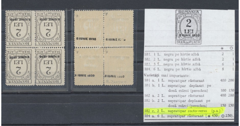 ROMANIA Taxa de Plata timbru 2 Lei bloc de 4 eroare cu supratipar recto-verso 8 IUNIE 1930 MNH ...
