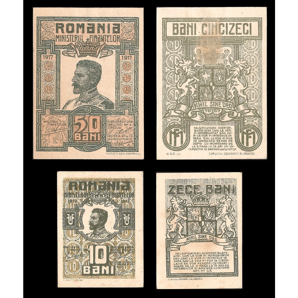 Bancnote romanesti, bani vechi, 50 & 10 bani 1917 -UNC -Regele ...