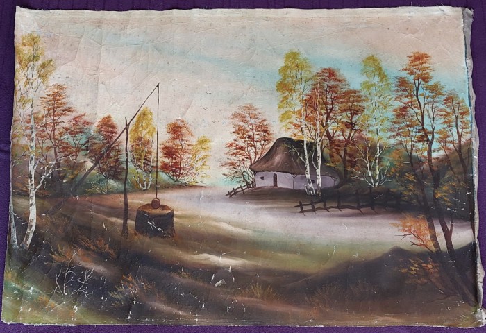 Fantana cu cumpana - panza originala peisaj de toamna, pictura in ulei ...