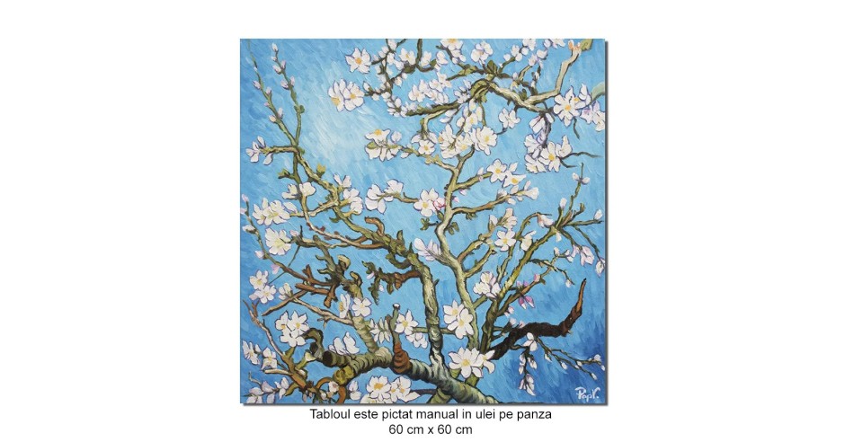 Migdal inflorit, pictat manual 60x60cm ulei pe panza, reproducere ...