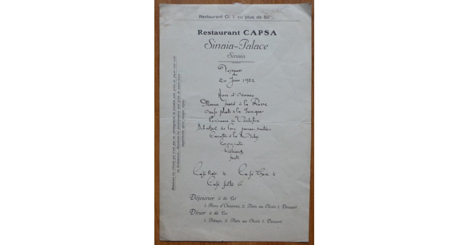 Meniu Restaurant Capsa , Sinaia - Palace , 1922 | Okazii.ro