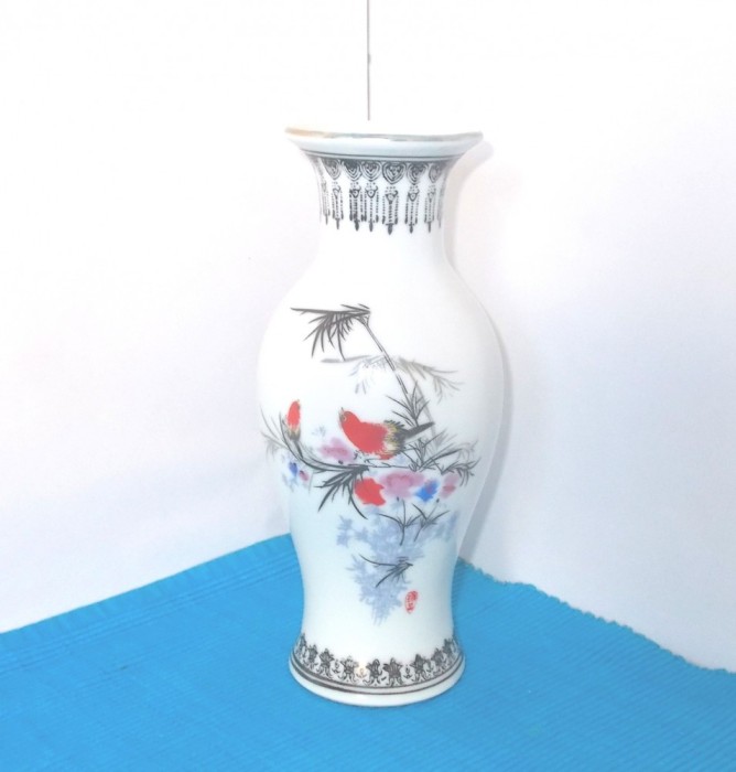 Vaza portelan, decor serigrafie cca. 1970 - Pasari - marcaj Jingdezhen ...