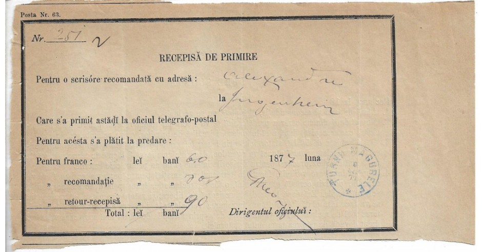 Recipisa de primire 1877 stampila Turnu Magurele | arhiva Okazii.ro