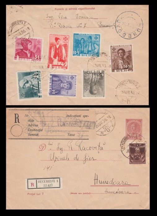 1936 Romania, Plic circulat serie Costume nationale OETR, fiul lui Emil ...