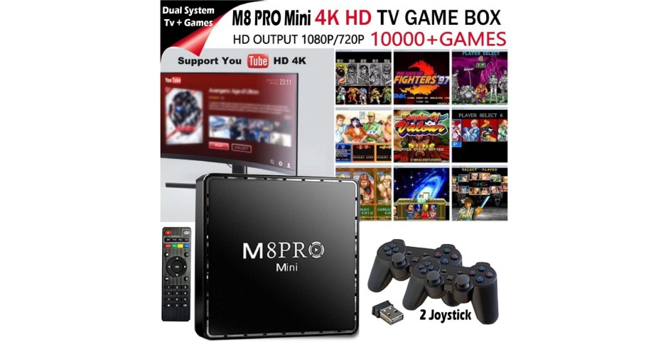 Tv Box M8 PRO MINI 2 in 1 cu Android 12.1, Chromecast, 4K Ultra HD si Consola cu Peste 10000 de ...
