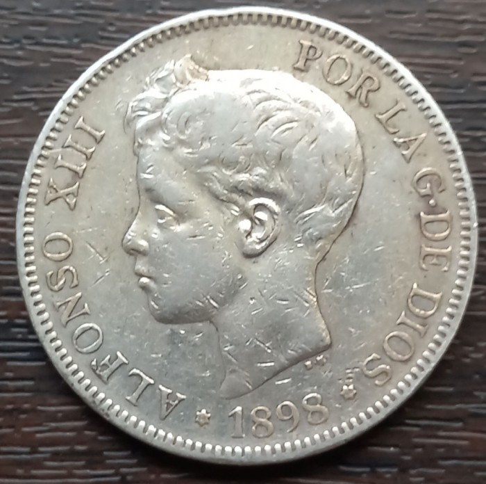(A665) MONEDA DIN ARGINT SPANIA - 5 PESETAS 1898 SGV, REGELE ALFONSO ...